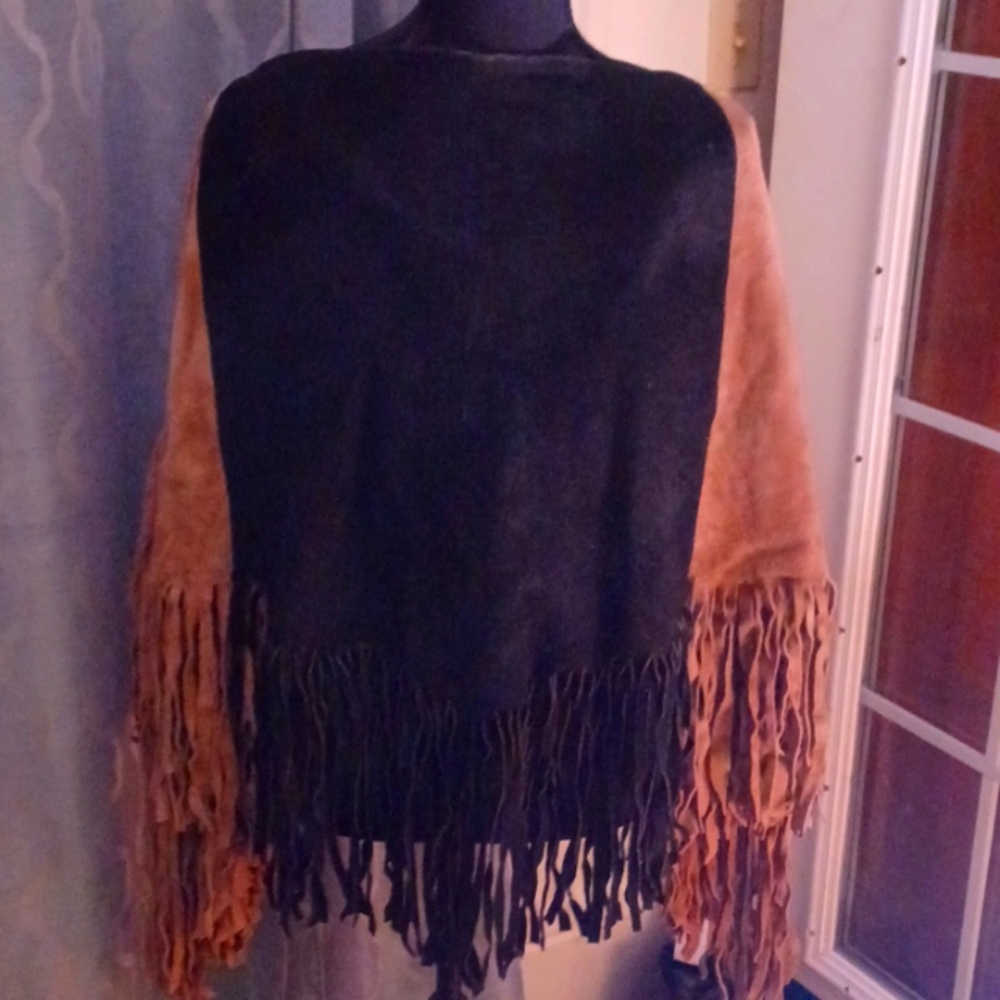 100% Leather Suede Poncho With Fringe - Gem
